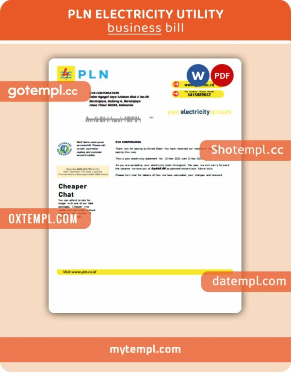 PLN electricity business utility bill, Word and PDF template