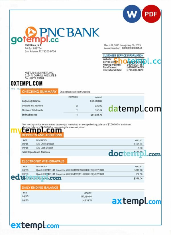 PNC Bank firm checking account statement Word and PDF template – gotempl.cc