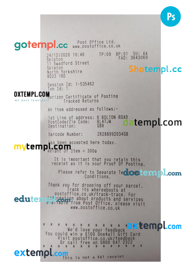 Post Office LTD payment receipt PSD template | gotempl.cc