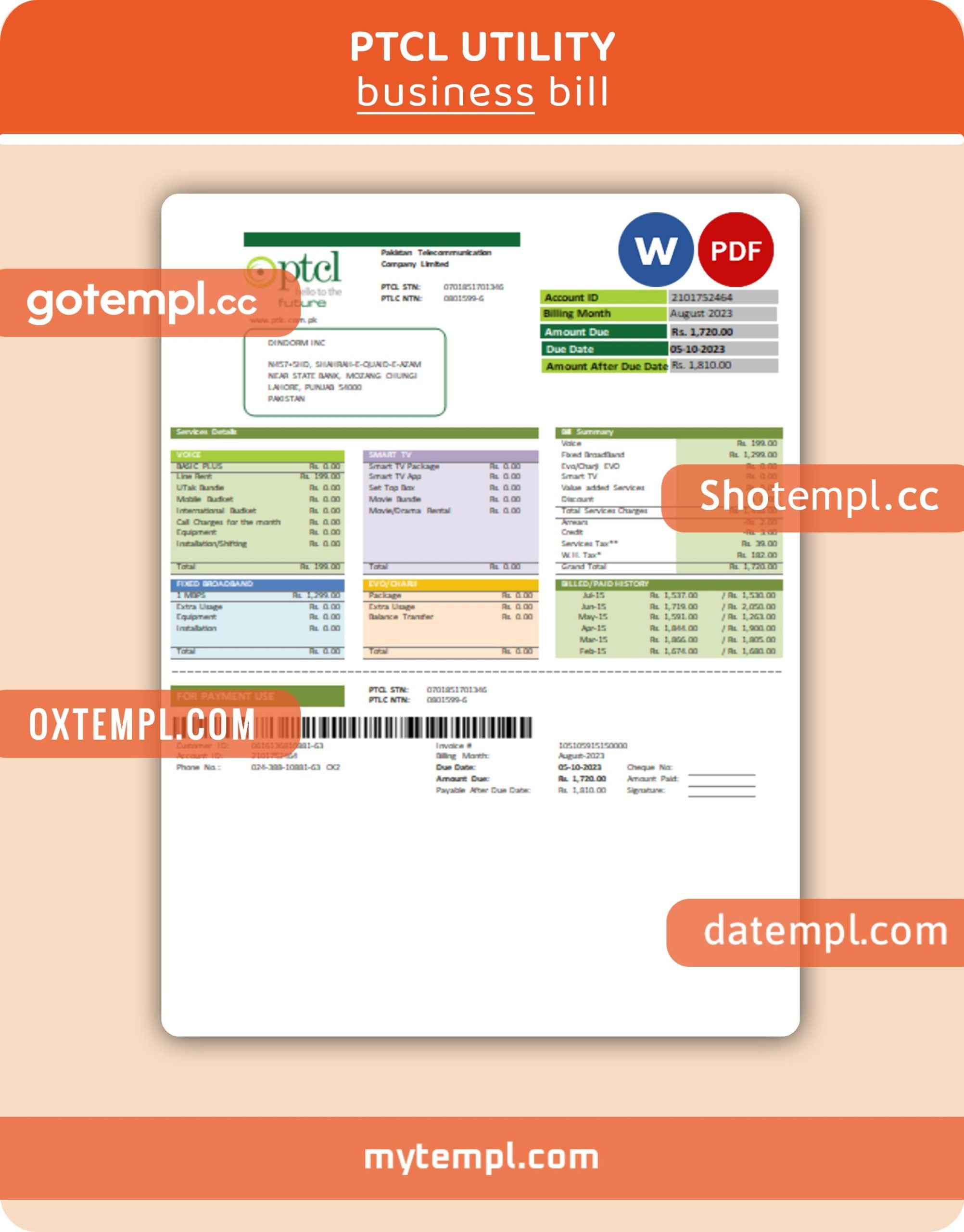 PTCL business utility bill, PDF and WORD template