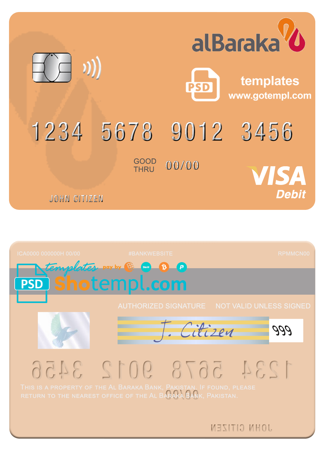 Pakistan Al Baraka Bank visa debit card, fully editable template in PSD ...