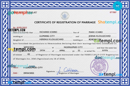 Palau marriage certificate PSD template, completely editable