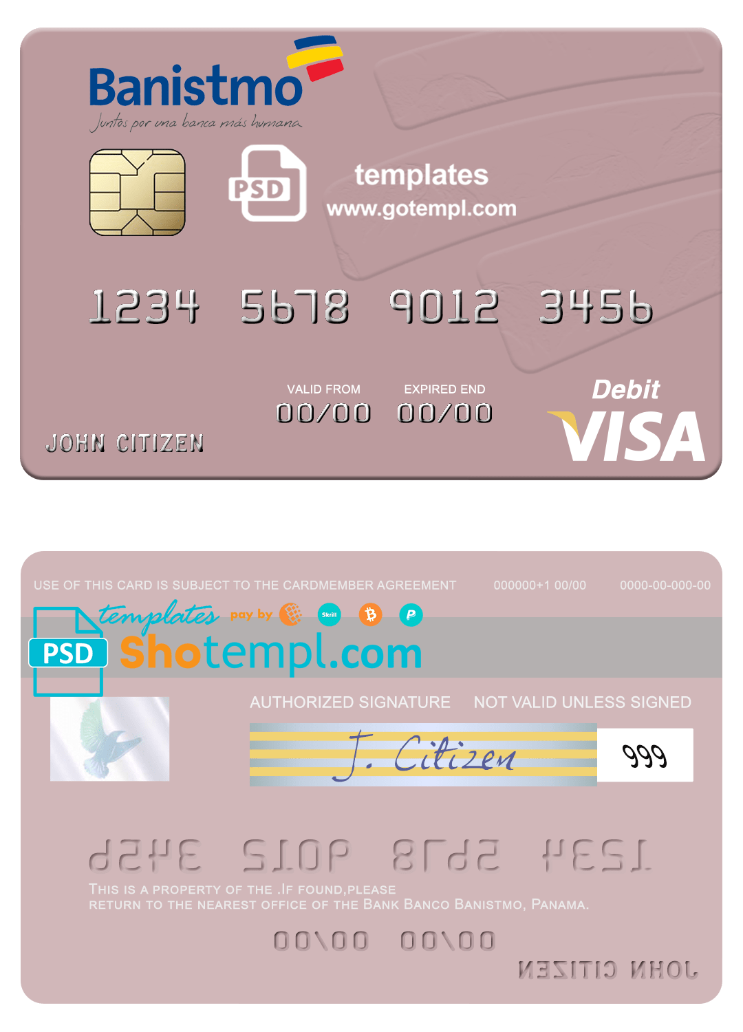 Panama Banco Banistmo visa debit card, fully editable template in PSD ...