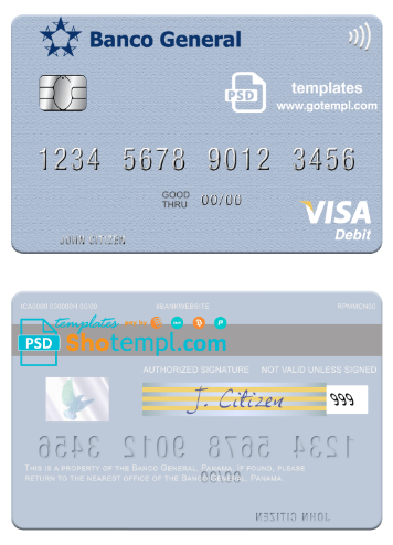 Panama Banco General visa credit card template in PSD format