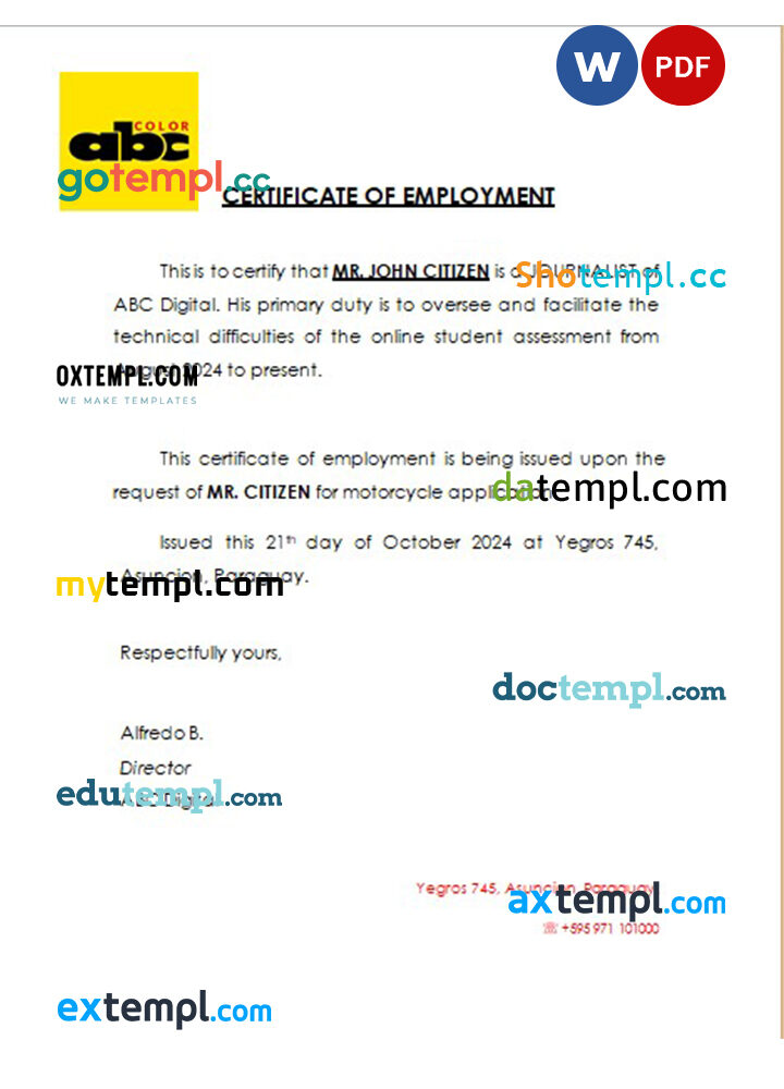 Paraguay ABC Digital certificate of employment Word and PDF download template – gotempl.cc