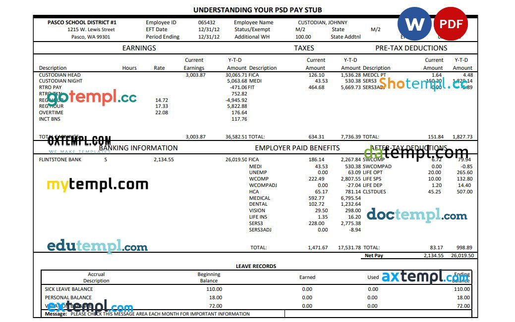 Pasco school district pay stub Word and PDF template
