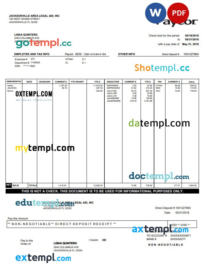 Paycor paystub Word and PDF template