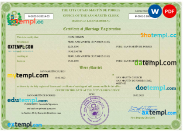 Peru marriage certificate Word and PDF template, fully editable