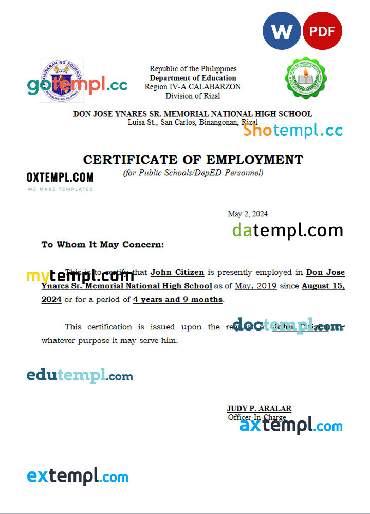 Philippines Don Jose Ynares Sr. Memorial National High School certificate of employment Word and ...