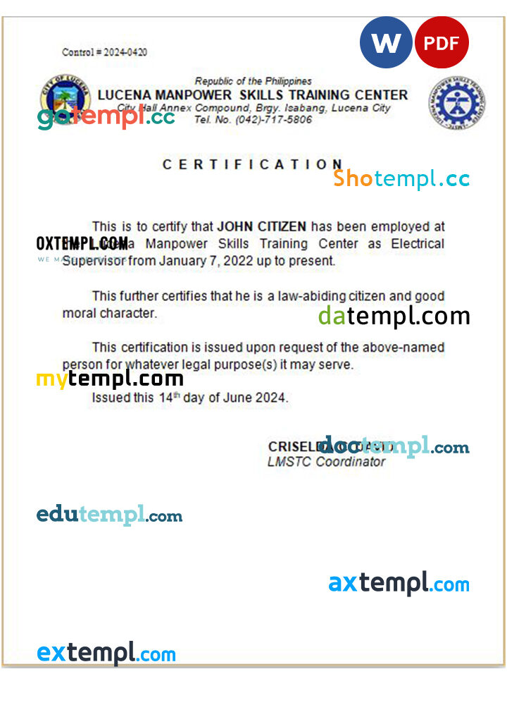 Philippines Lucena Manpower Skills Training Center certification of employment Word and PDF ...