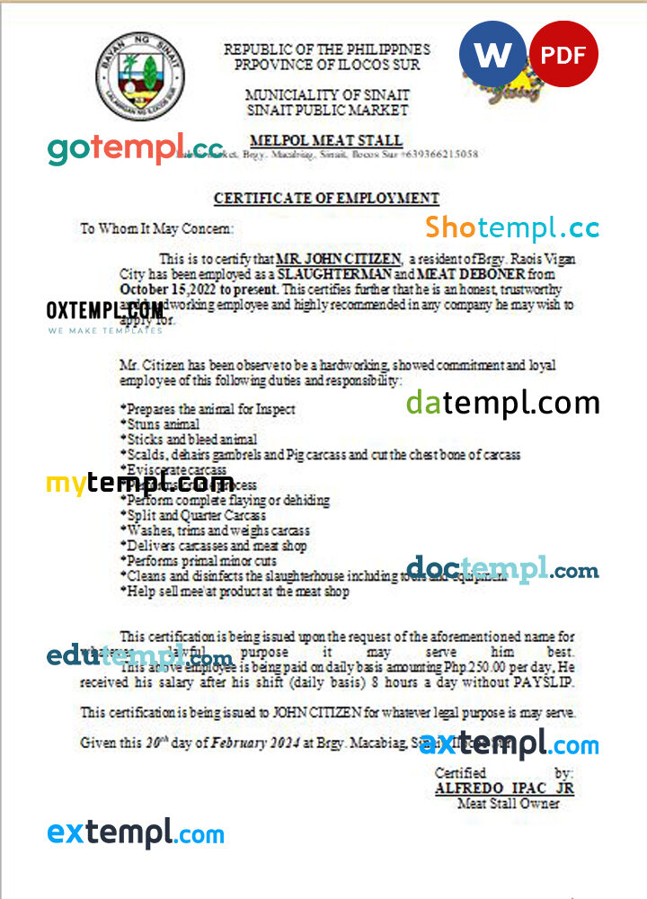 Philippines Meal Meat Stall certificate of employment Word and PDF ...