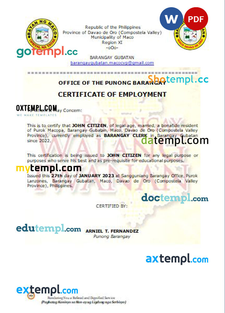 Philippines Office of the Punong Barangay certificate of employment ...