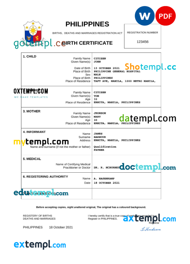Philippines vital record birth certificate Word and PDF template ...