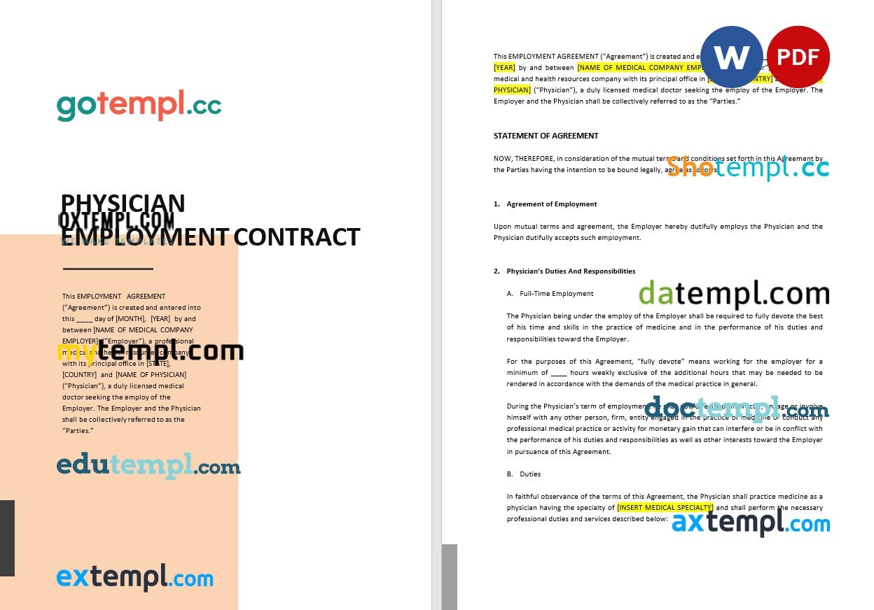 free physician employment contract template, Word and PDF format