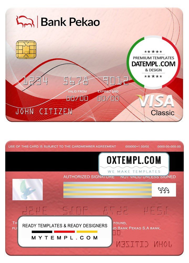 Poland bank Pekao S.A bank visa classic card, fully editable template ...