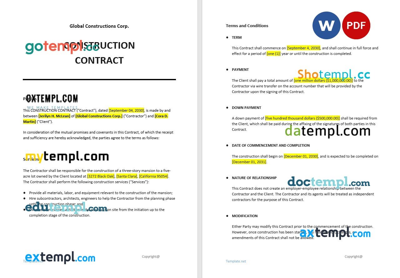 free printable construction contract template, Word and PDF format