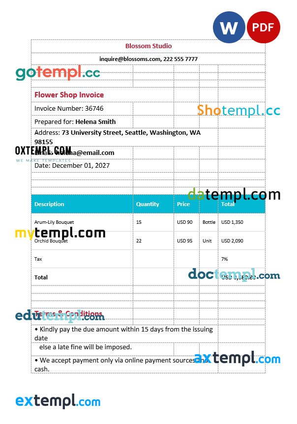 Printable Flower Shop Invoice template in word and pdf format – gotempl.cc