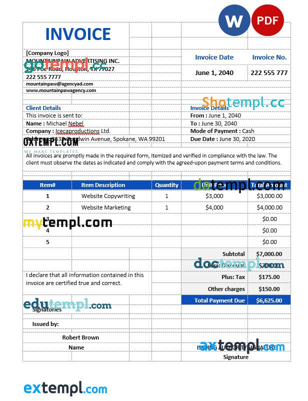 Professional Advertising Agency Invoice template in word and pdf format