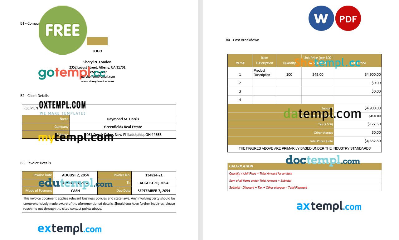 Professional Freelance Writer Invoice template in word and pdf format