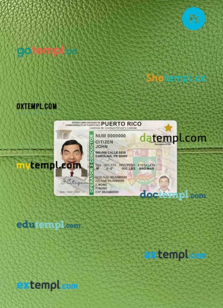 Puerto Rico driving license PSD files, scan look and photographed image ...