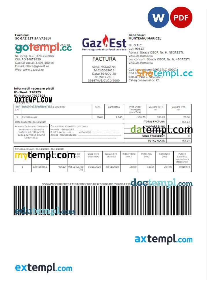 Romania Gaz Est utility bill Word and PDF template