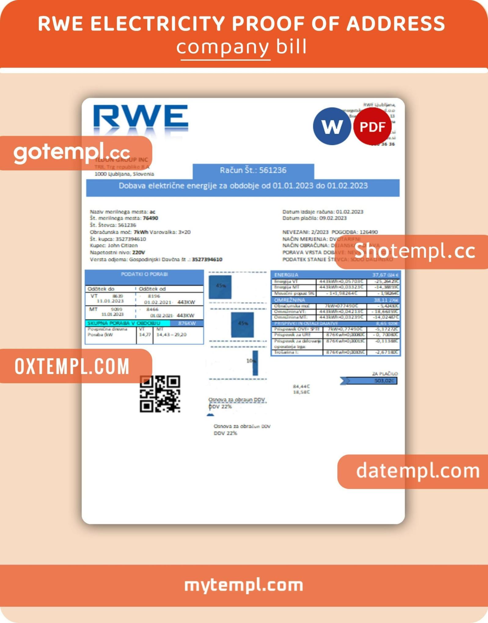 RWE electricity proof of address business utility bill, Word and PDF ...