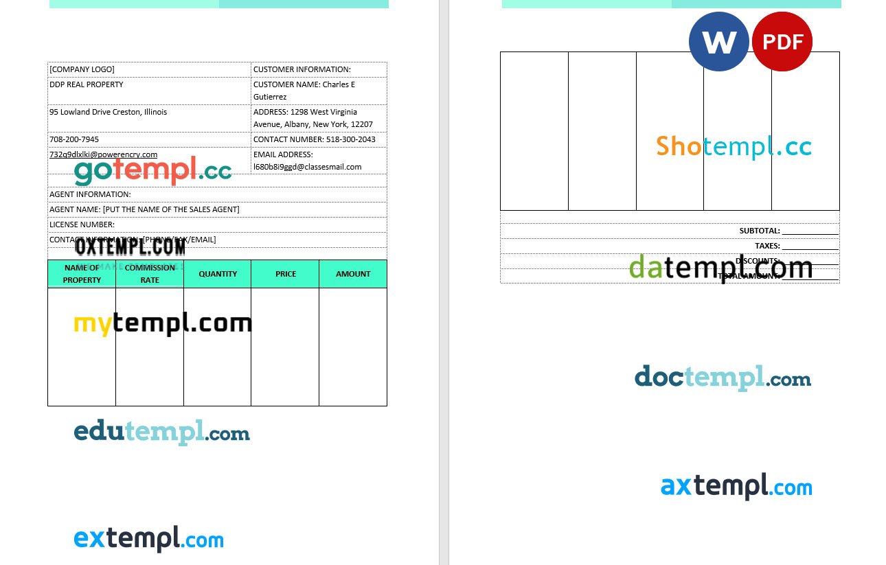 Real Estate Brokerage Commission Invoice template in word and pdf format