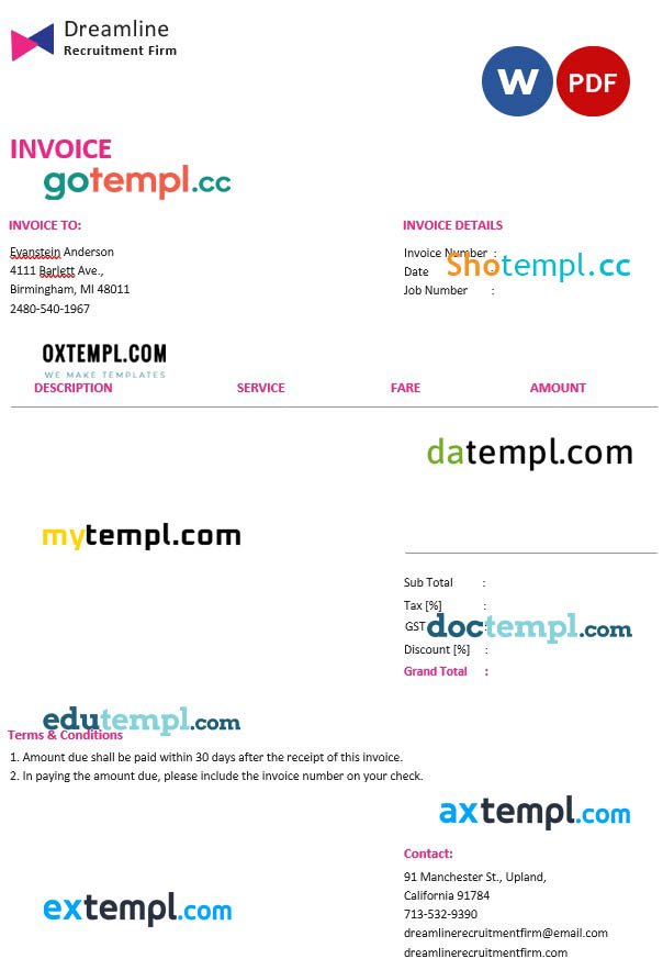 Recruitment Firm Invoice template in word and pdf format