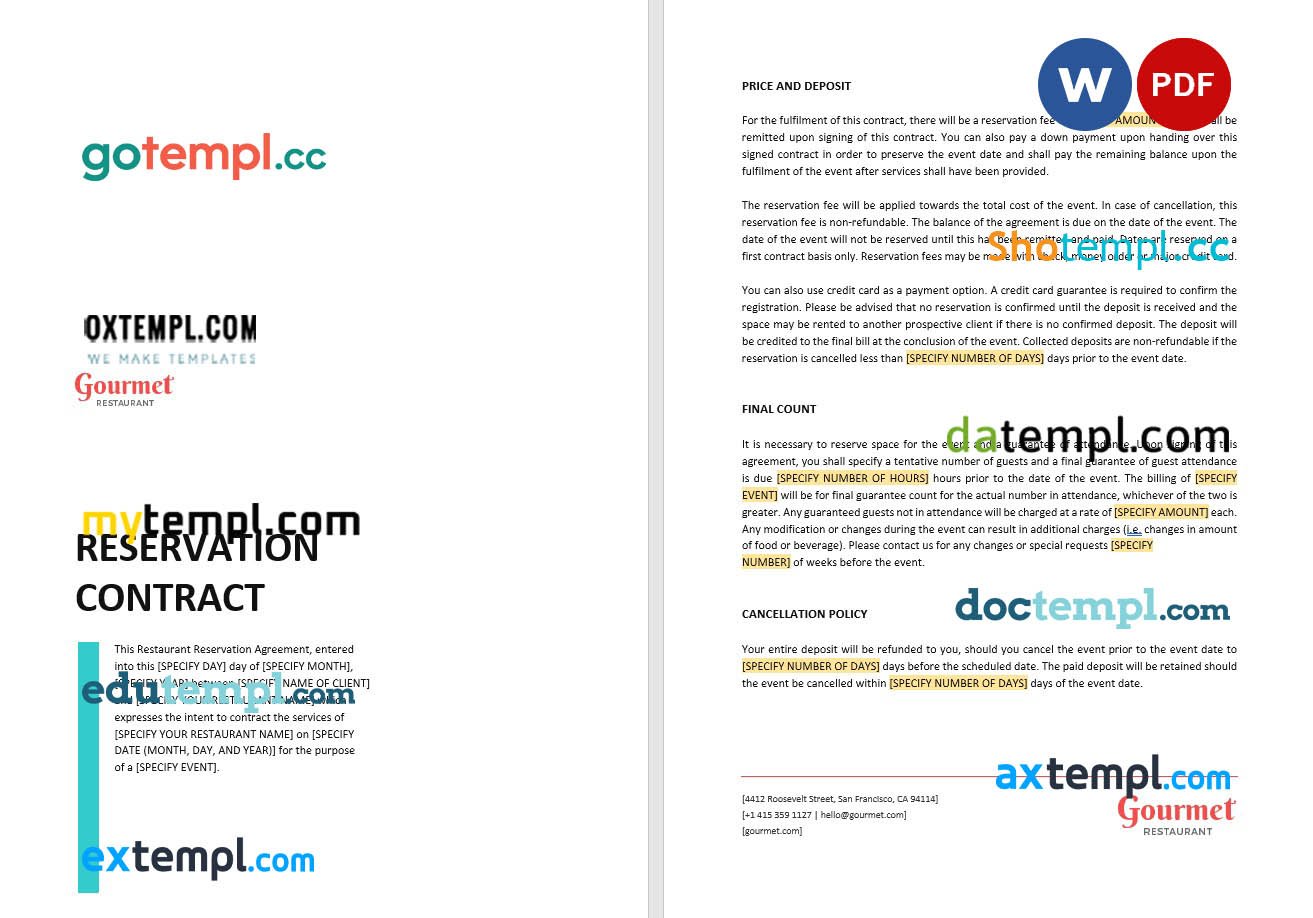 free restaurant reservation contract template, Word and PDF format