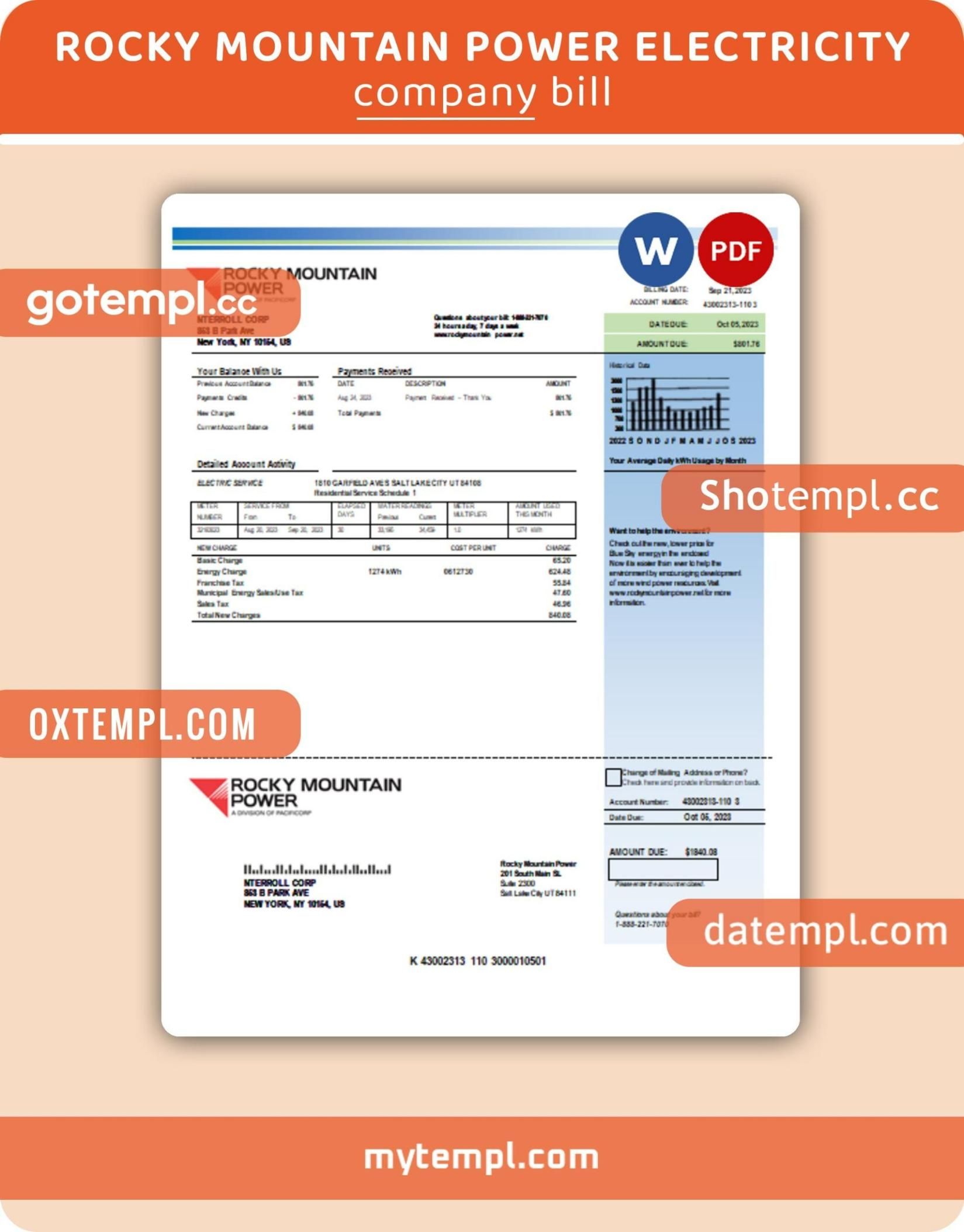 Rocky Mountain Power electricity business utility bill, Word and PDF ...
