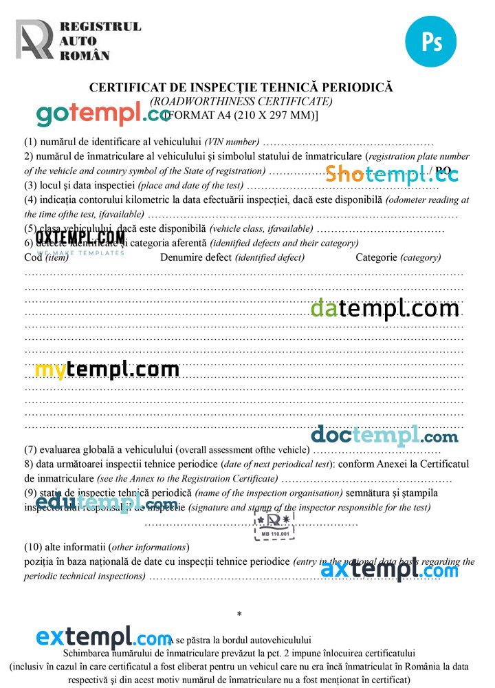 Romania Registrul Auto Român Periodic technical inspection certificate ...