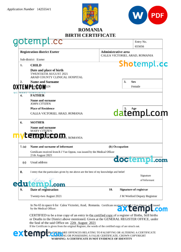 Romania birth certificate Word and PDF template, completely editable
