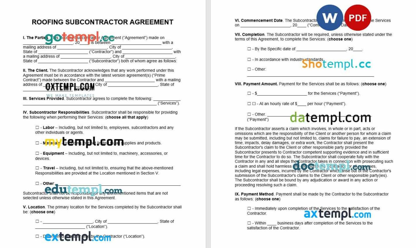 free roofing subcontractor agreement template, Word and PDF format