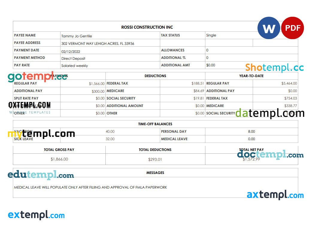 Rossi Construction Inc pay stub template in PDF ad Word formats