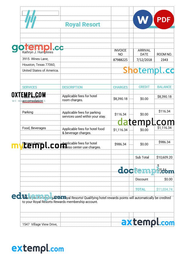 Royal Resort Invoice template in word and pdf format
