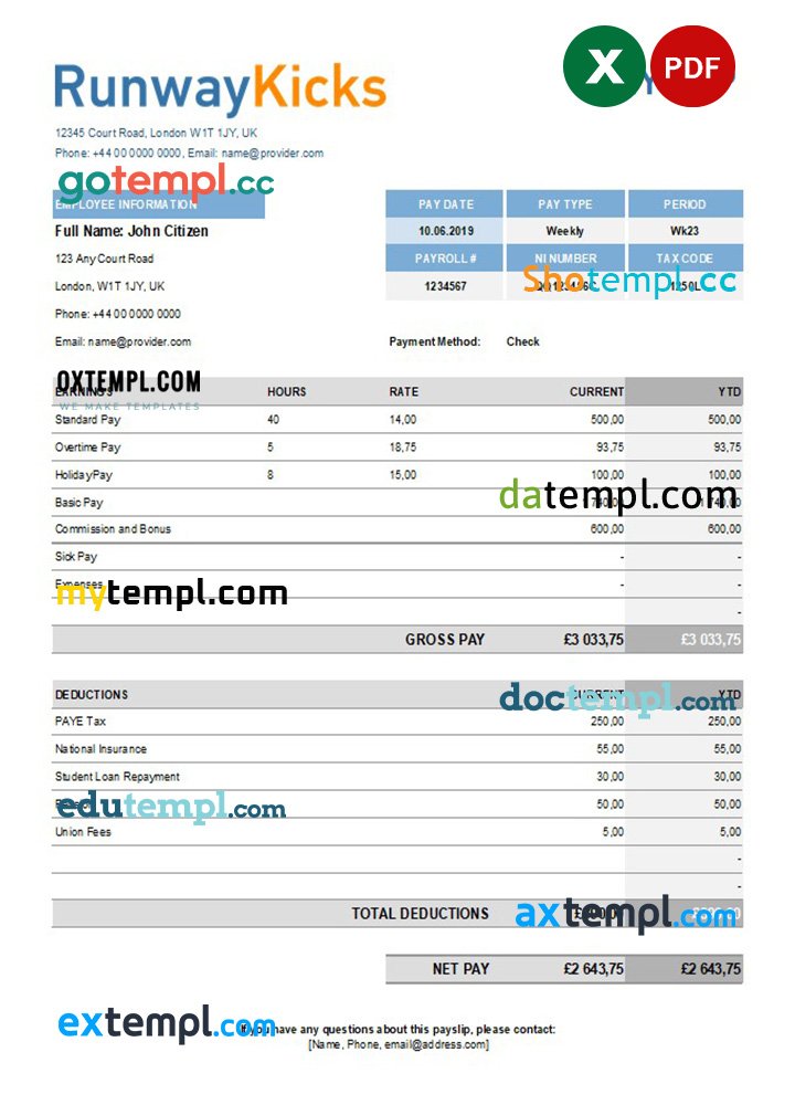Runway Kicks company payslip template in Excel and PDF formats