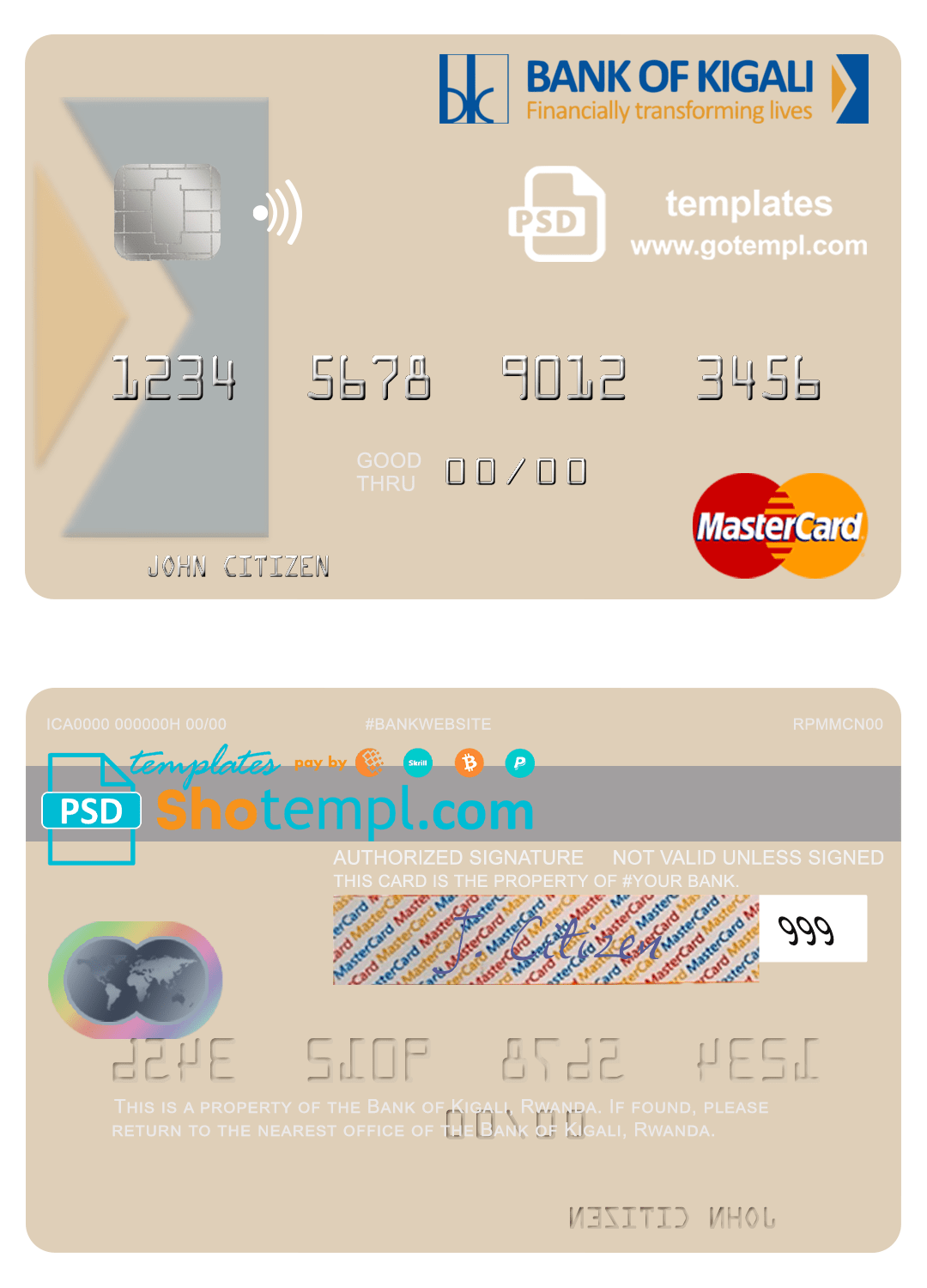 Rwanda Bank of Kigali mastercard credit card template in PSD format