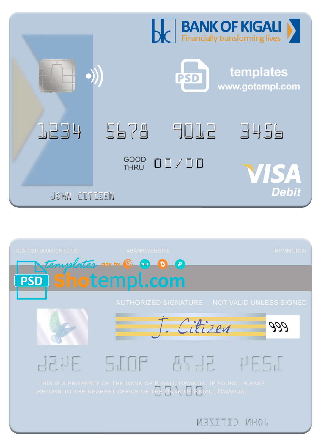 Rwanda Bank of Kigali visa debit card template in PSD format