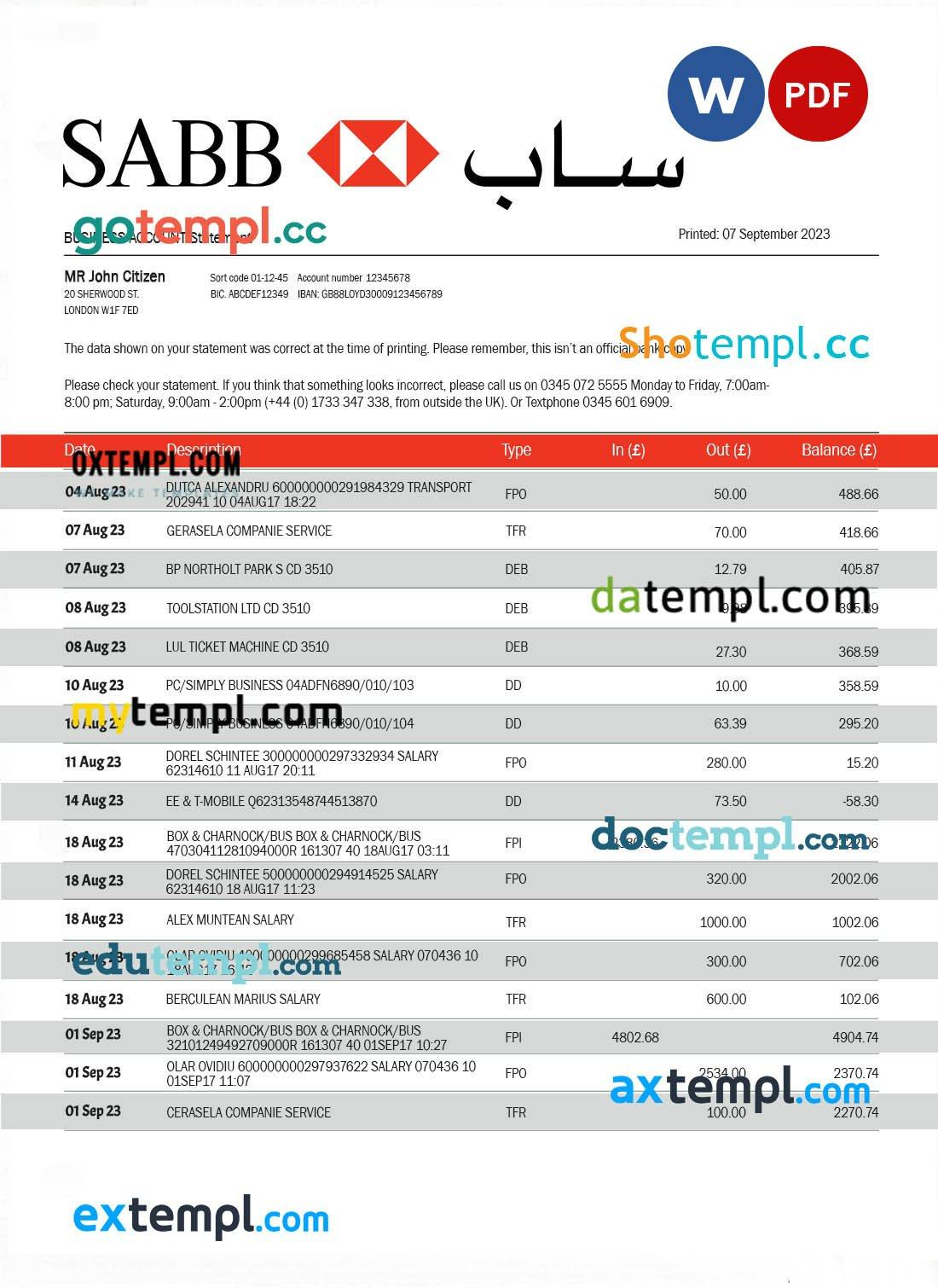 Saudi British Bank Business statement Word and PDF template