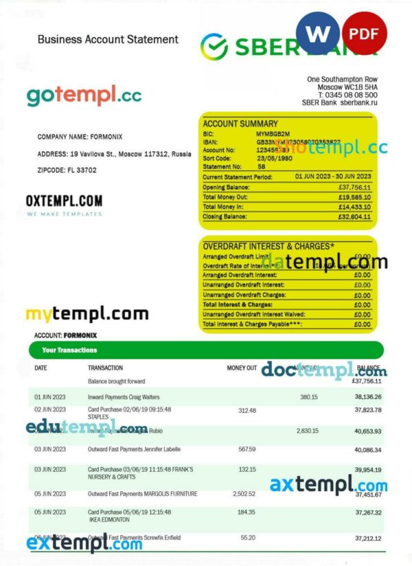 Sberbank bank enterprise checking account statement Word and PDF template