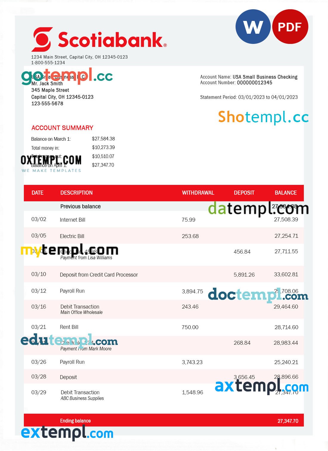 Scotiabank bank organization statement Word and PDF template