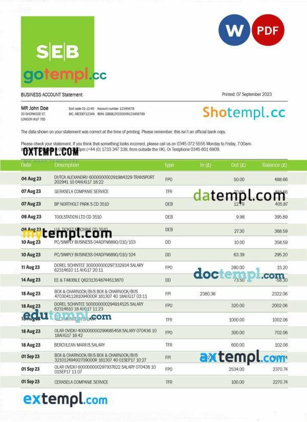 SEB Bank company statement Word and PDF template