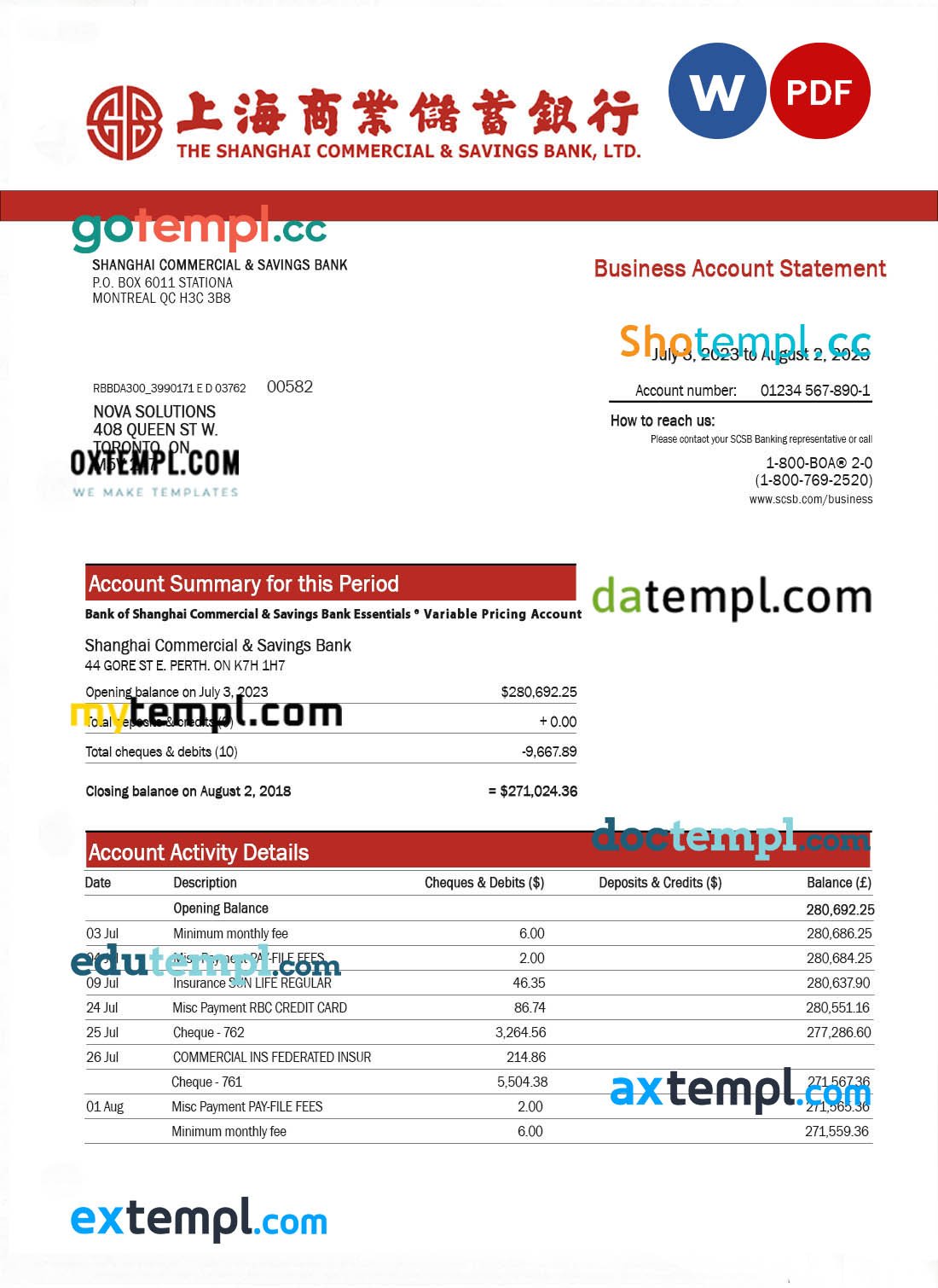 Shanghai Commercial & Savings Bank firm account statement Word and PDF ...
