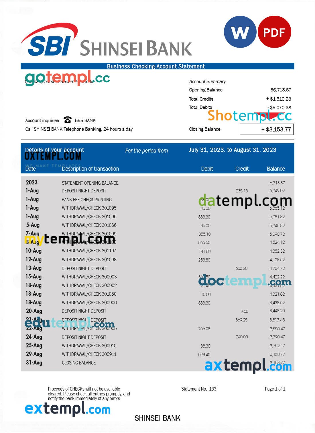 Shinsei Bank business statement Word and PDF template