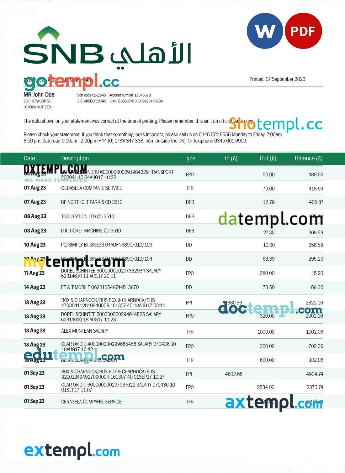 SNB Bank enterprise statement Word and PDF template