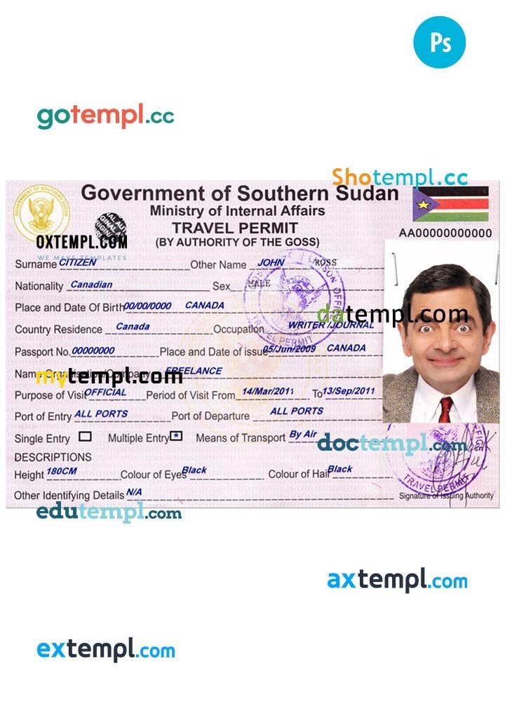 South Sudan travel permit – visa PSD template, completely editable ...