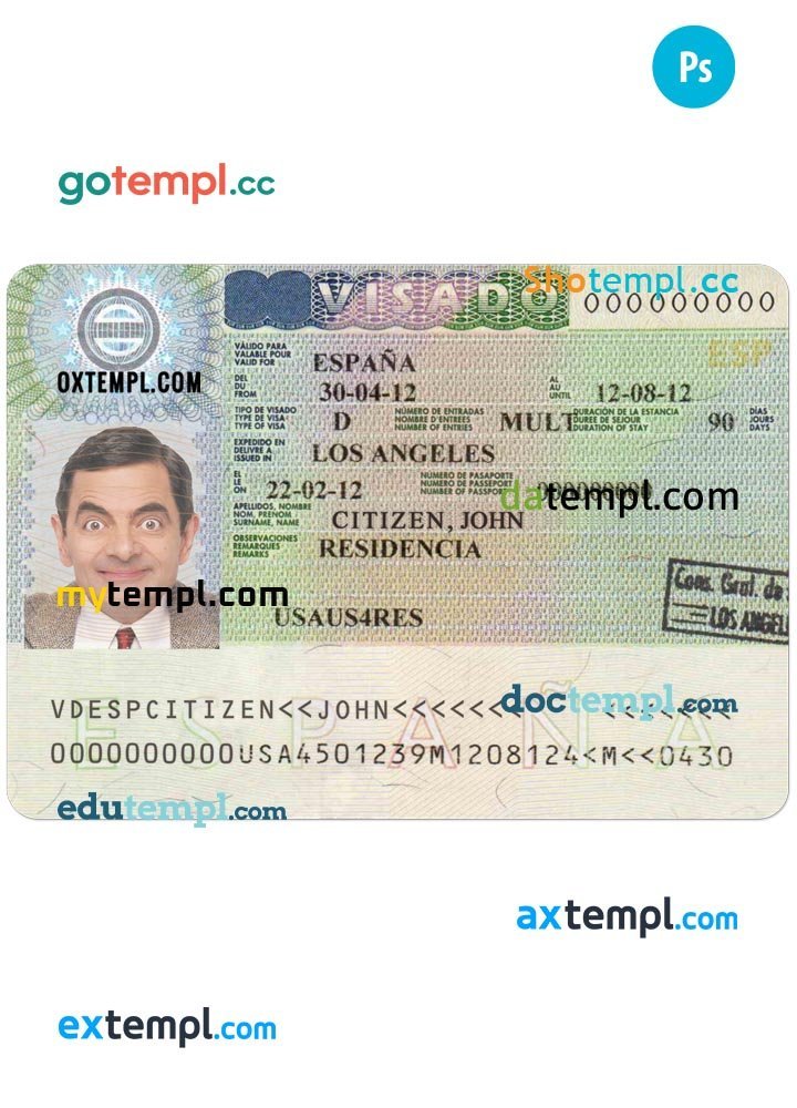 Spain travel visa PSD template, with fonts