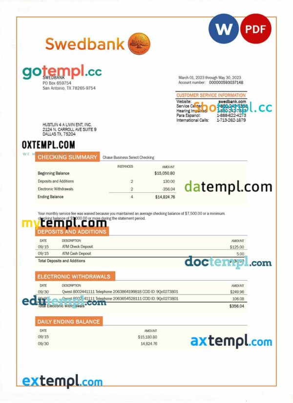 Swedbank business checking account statement Word and PDF template