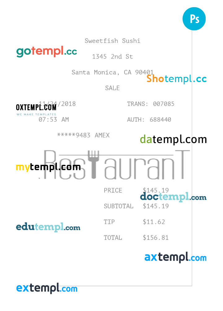 SWEETFISH SUSHI payment receipt PSD template