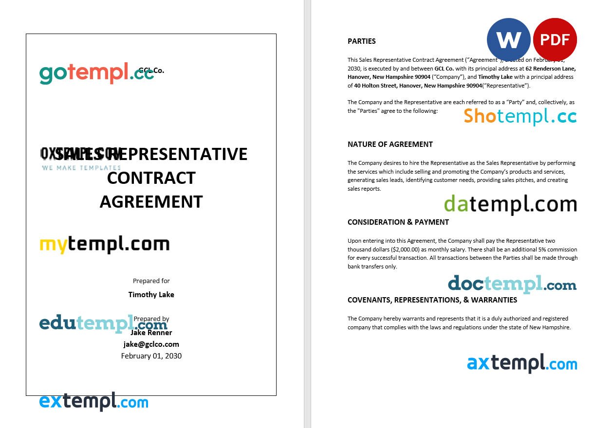 free sales representative contract agreement template, Word and PDF format